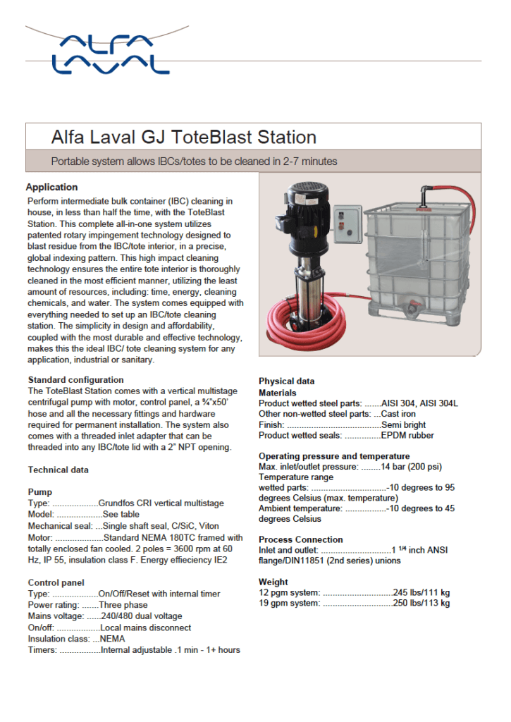Alfa Laval Tote Blast Station IBC Tote Cleaner | IBC tote pressure ...